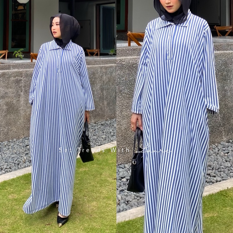 Jual Lia Dress Motif Salur Stripe Oversize - Gamis Jumbo LD BESAR Busui Kancing | Shopee Indonesia