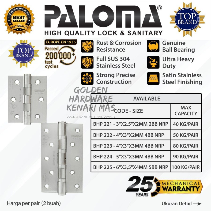 Jual PALOMA BHP 221 222 223 224 225 Engsel Pintu Kayu Jendela Rumah Aluminium Kupu Butt Hinge 3 ...