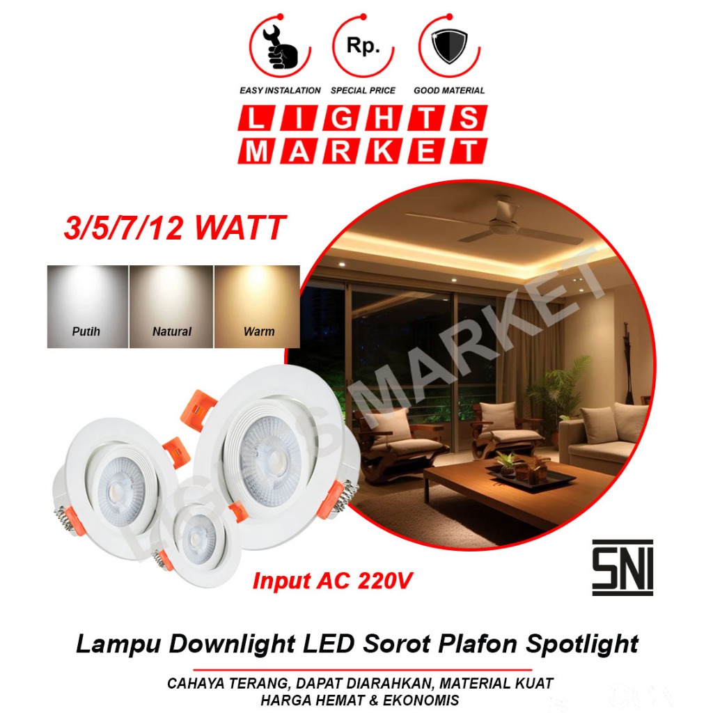 Jual Lampu Sorot LED Tanam Plafon 3W 5W 7W 12W 220V Spotlight Downlight Terang | Shopee Indonesia