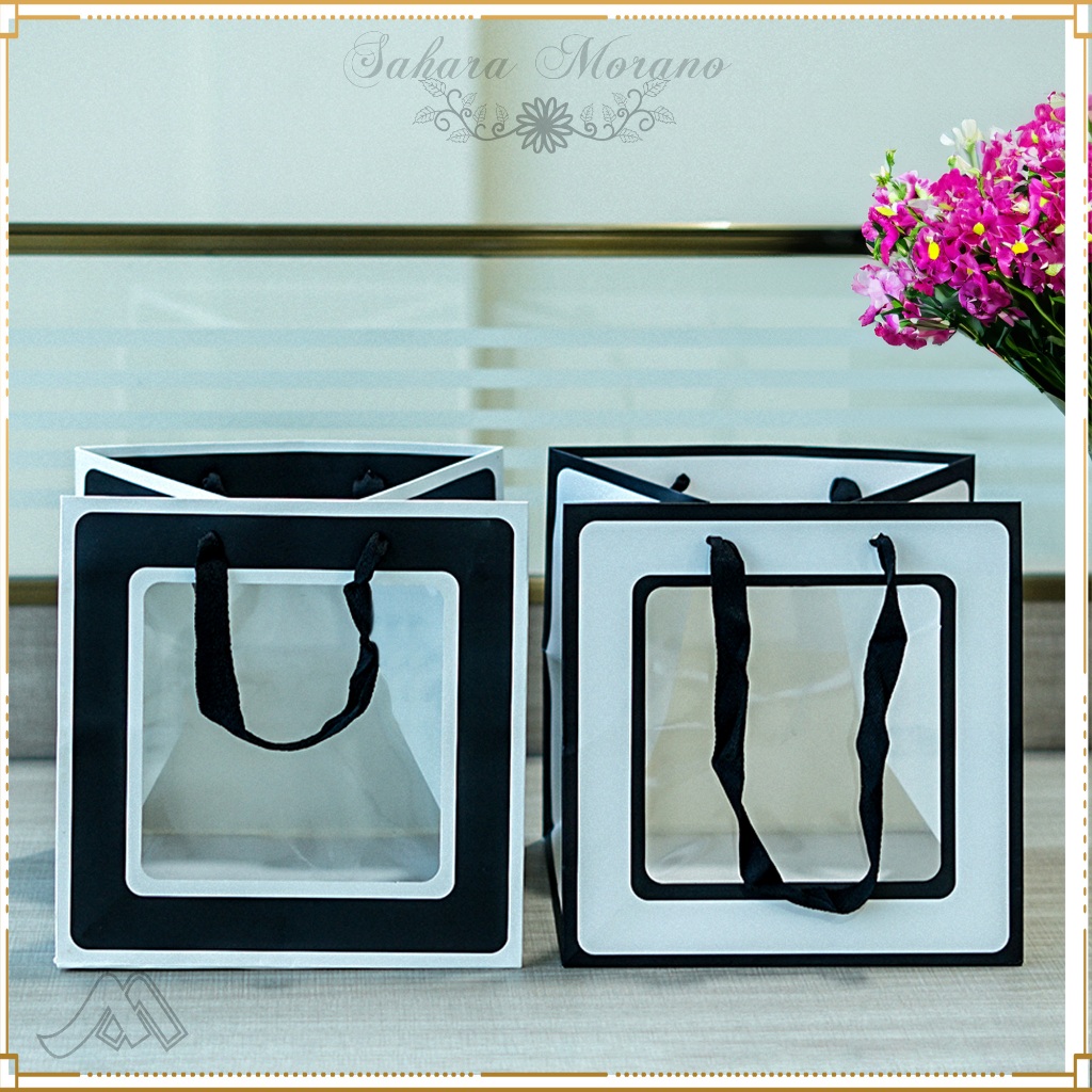 Jual Paper Bag Mika Transparant Kotak Color White and Black | Tas ...