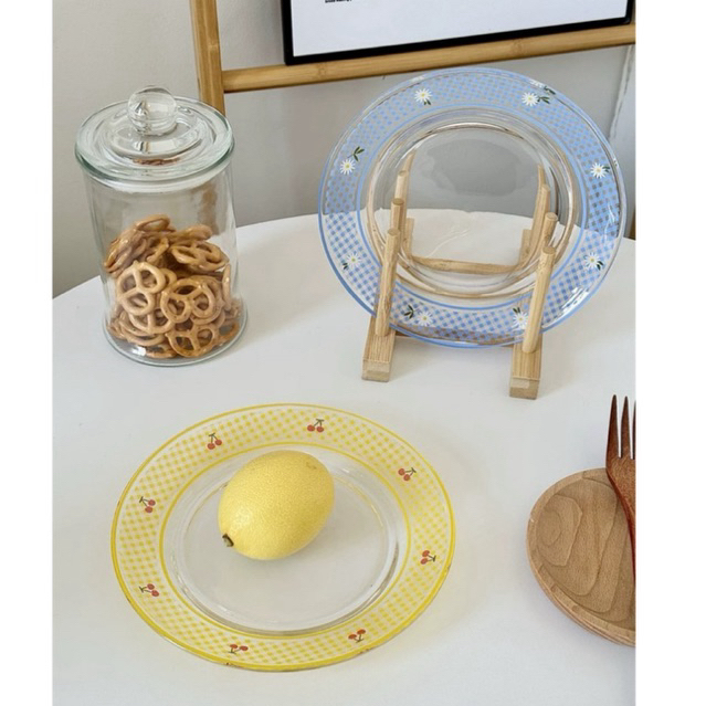 Jual GLASS GINGHAM Blue & Yellow Plate | Piring Kaca Aesthetic Tempered ...