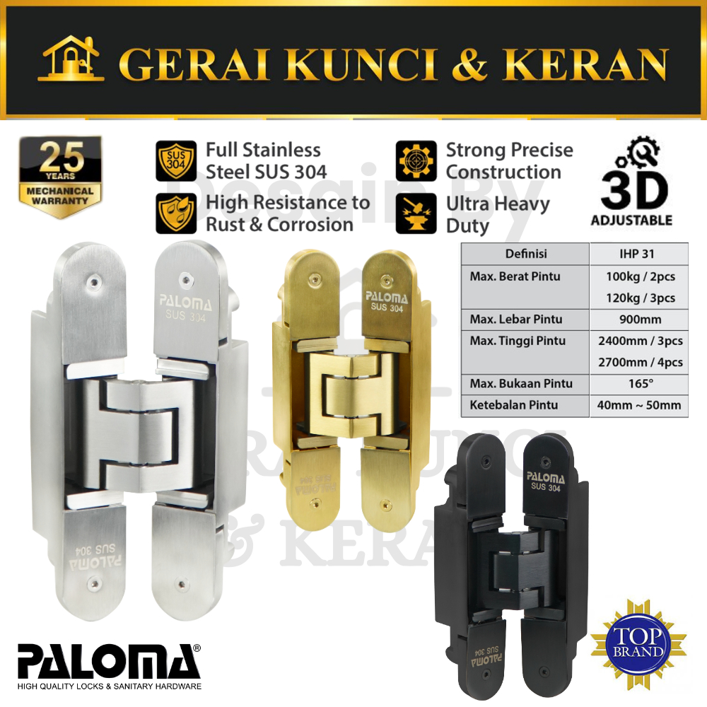 Jual PALOMA IHP 311 312 313 P100 D100 Engsel Tanam Pintu Invisible Concealed Hinge Pintu Jendela ...