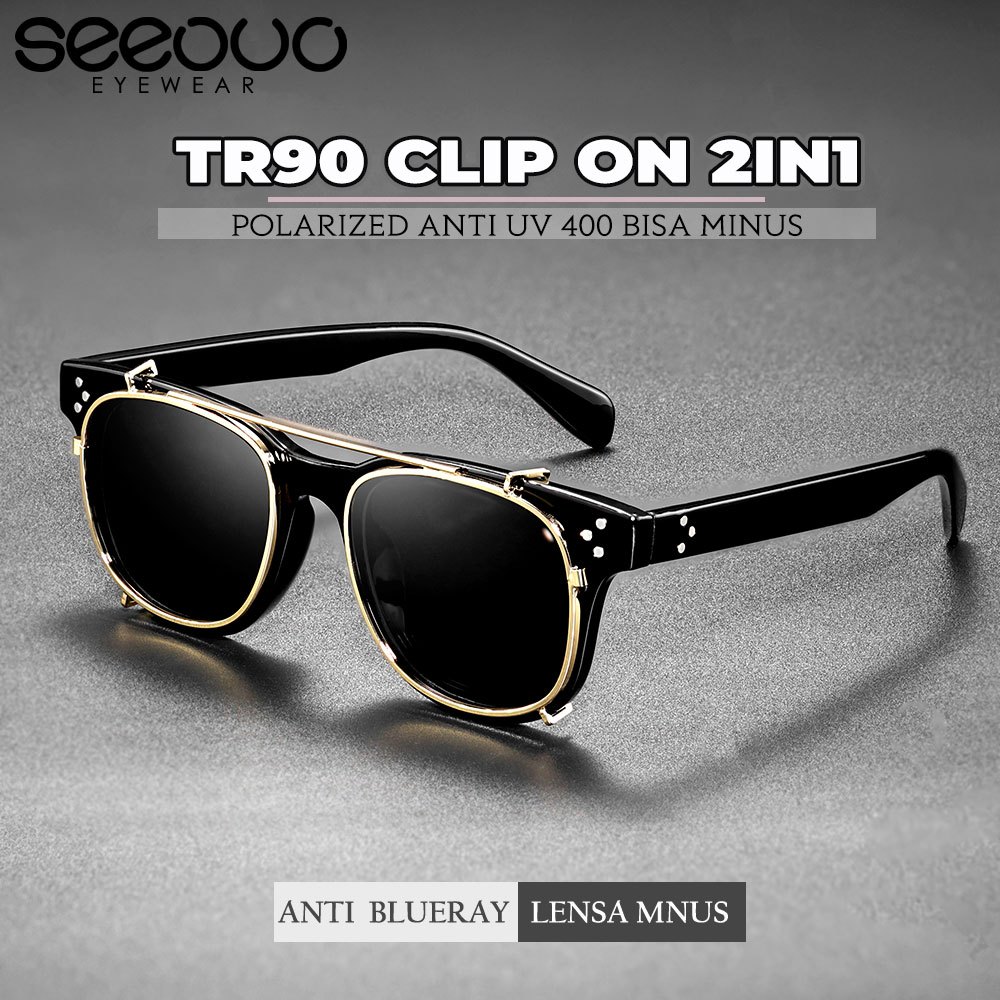 Jual Seeouo Kacamata Clip On 2in1 Clip Polarized Lens Model Kotak Stylish Bahan TR90+Metal Pria ...