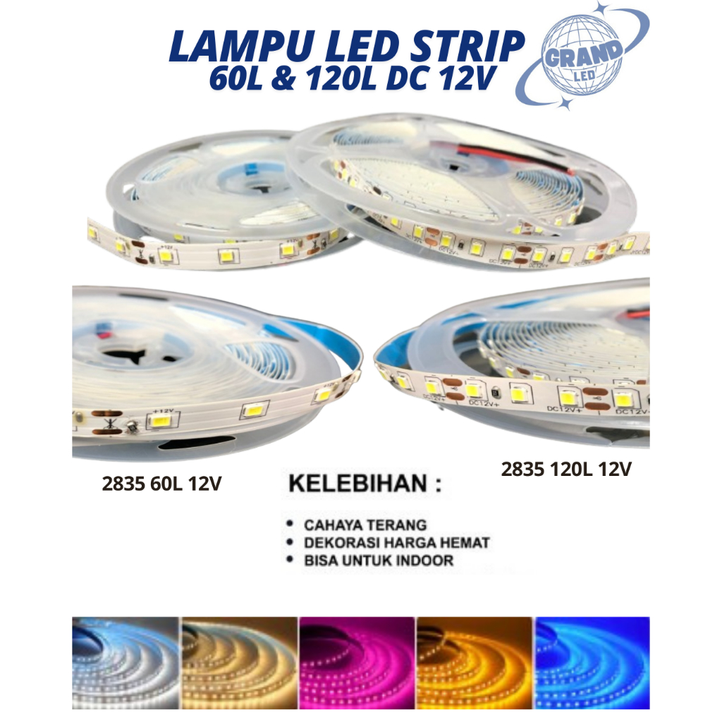 Jual LAMPU LED STRIP 12V FLEXIBLE SMD 2835 LED SMD 5M 60LED 120LED 320LED IP33 DC 12V 5METER ...
