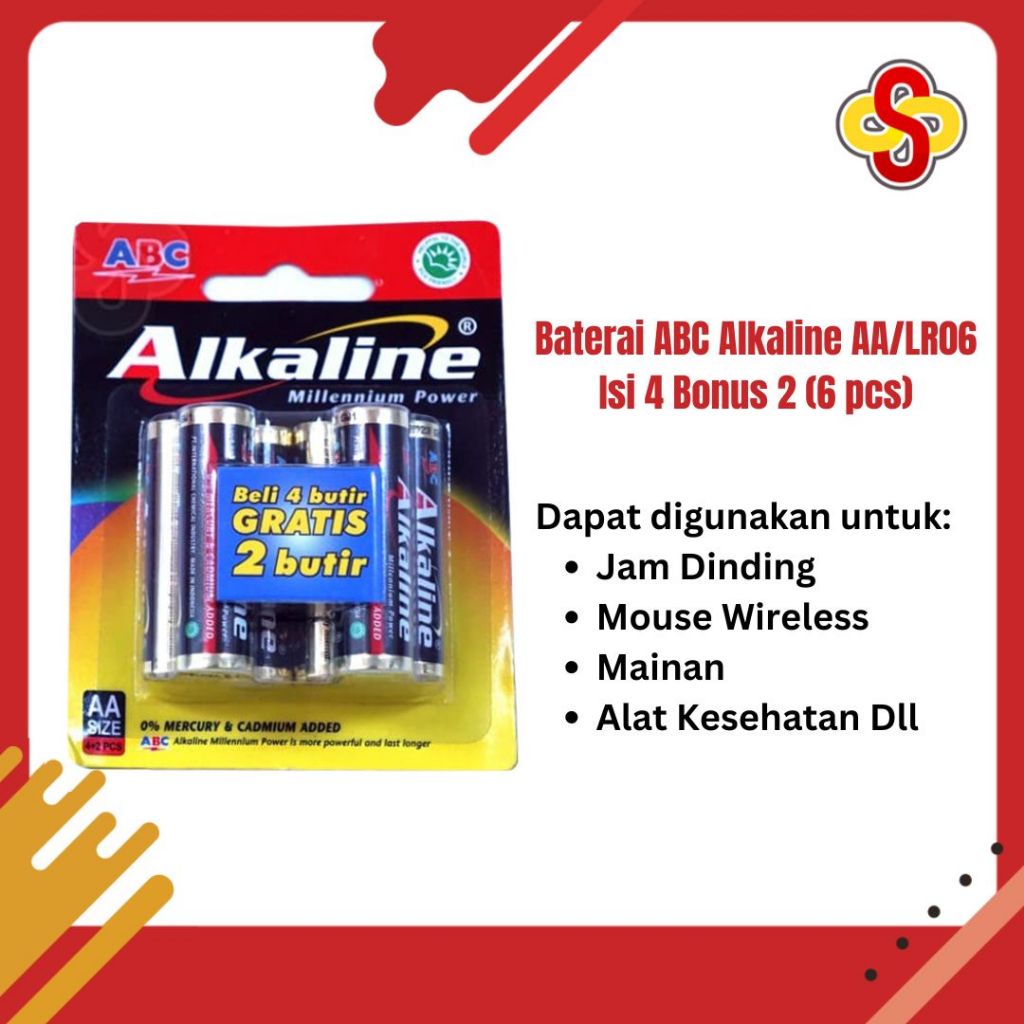 Jual Baterai ABC Alkaline AA LR06 4 Bonus 2 (Isi 6 pcs) | Shopee Indonesia