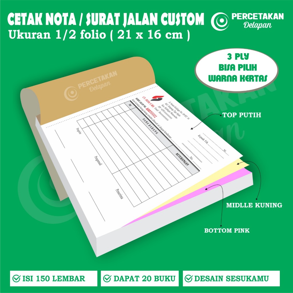 Jual cetak Nota custom 3 ply 1/2 FOLIO / Paket 20 buku 3 Rangkap ...