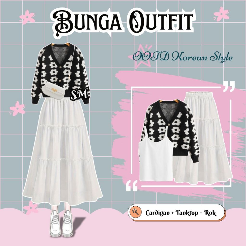 Jual SM - Bunga Outfit 3in1 (Cardigan + Tanktop + Rok) OOTD Korean ...