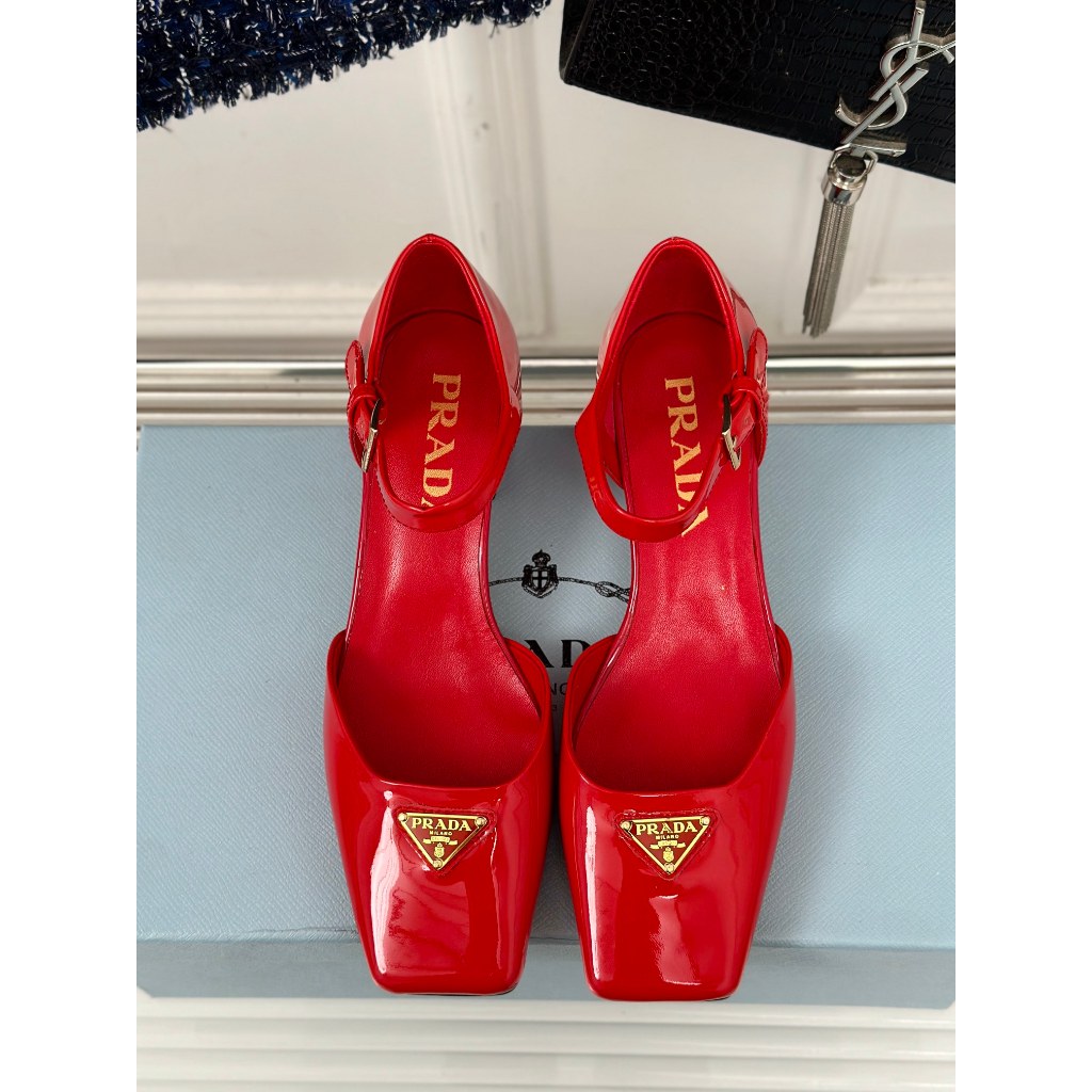 Jual P Classic Triangle Logo Chunky Heel Mary Jane Shoes | Shopee Indonesia