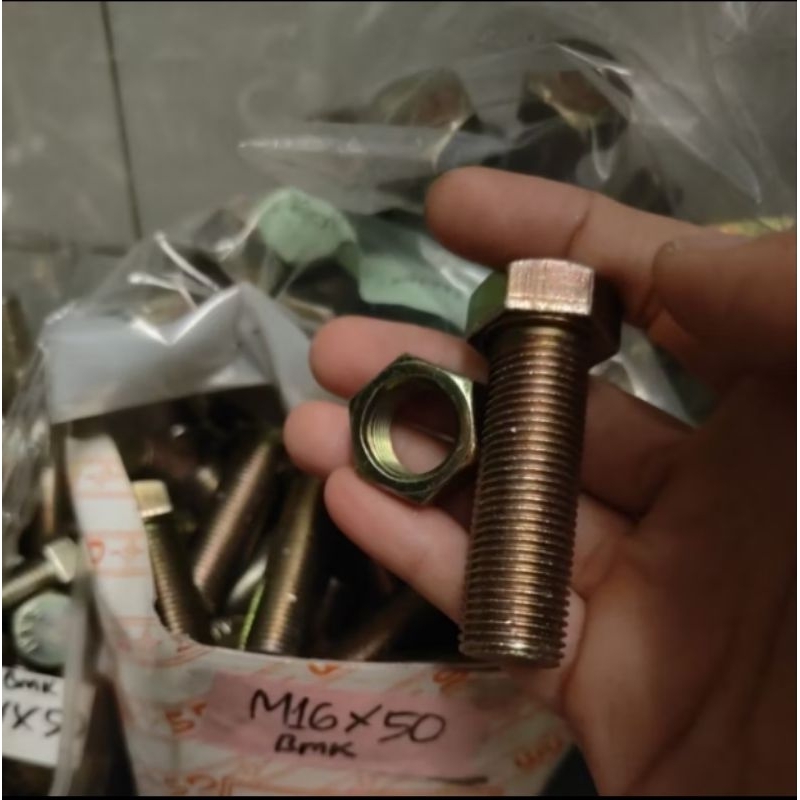 Jual baut mur drat halus m16x50 kunci 22 / baut m16x50 drat halus + mur / baut kepala kunci drat ...