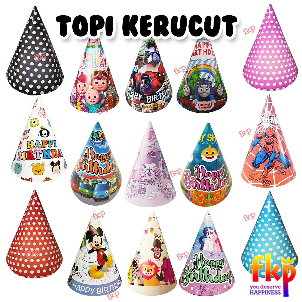 Jual FUN KIDS PARTY isi 10 pcs TOPI KERUCUT KARAKTER/ TOPI ULTAH ANAK (Spiderman, BT21, Minion ...