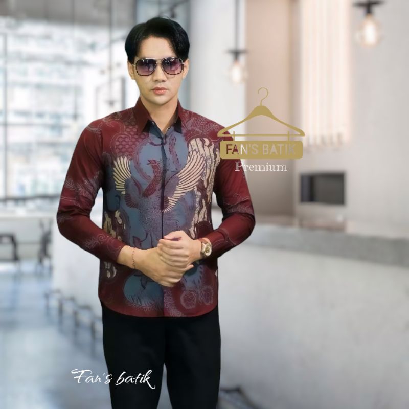 Jual New JANAKA Maroon Denim kemeja batik slimfit pria berlapis furing ...