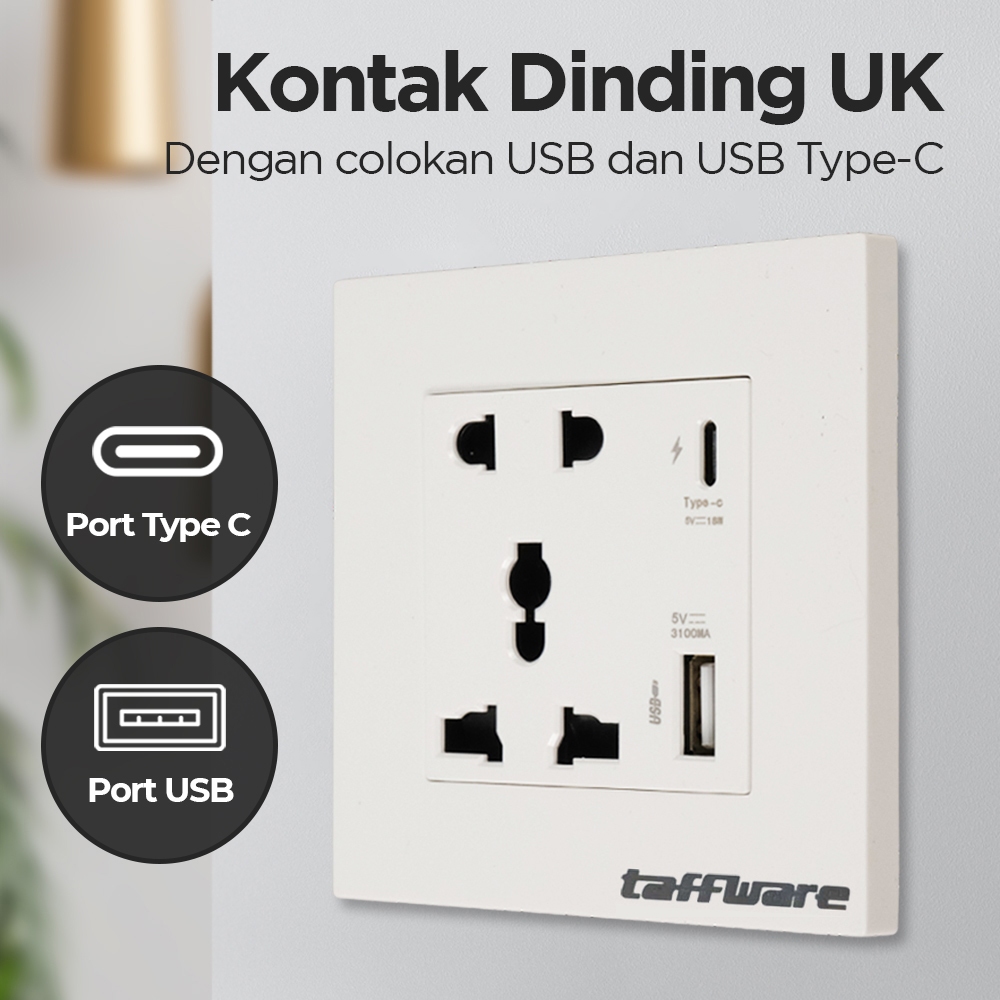 Jual Stop Kontak UK + Type C USB Port Socket Dinding Tembok Colokan ...