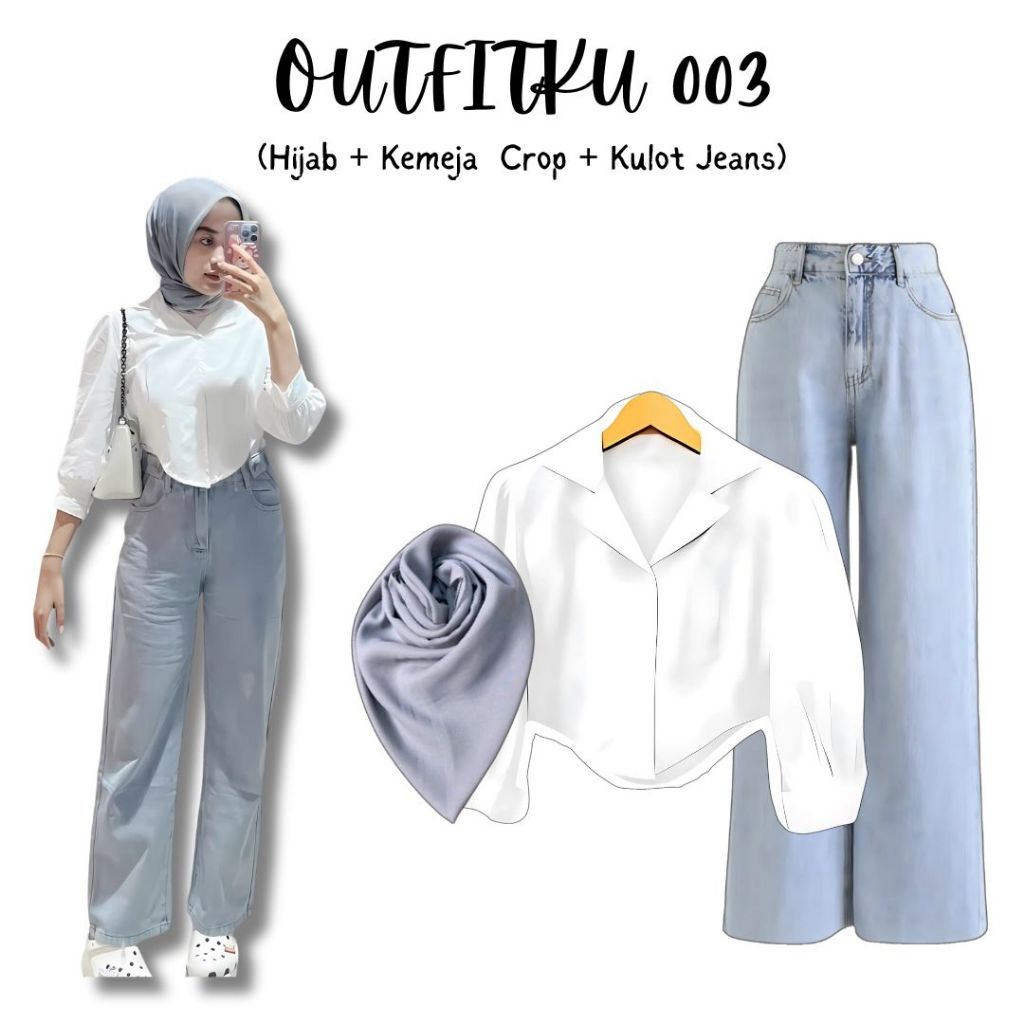 Jual One Set 3in1 Kemeja Crop Kulot Hijab Bella Square | Outfit Hangout Kampus Casual SK06 ...