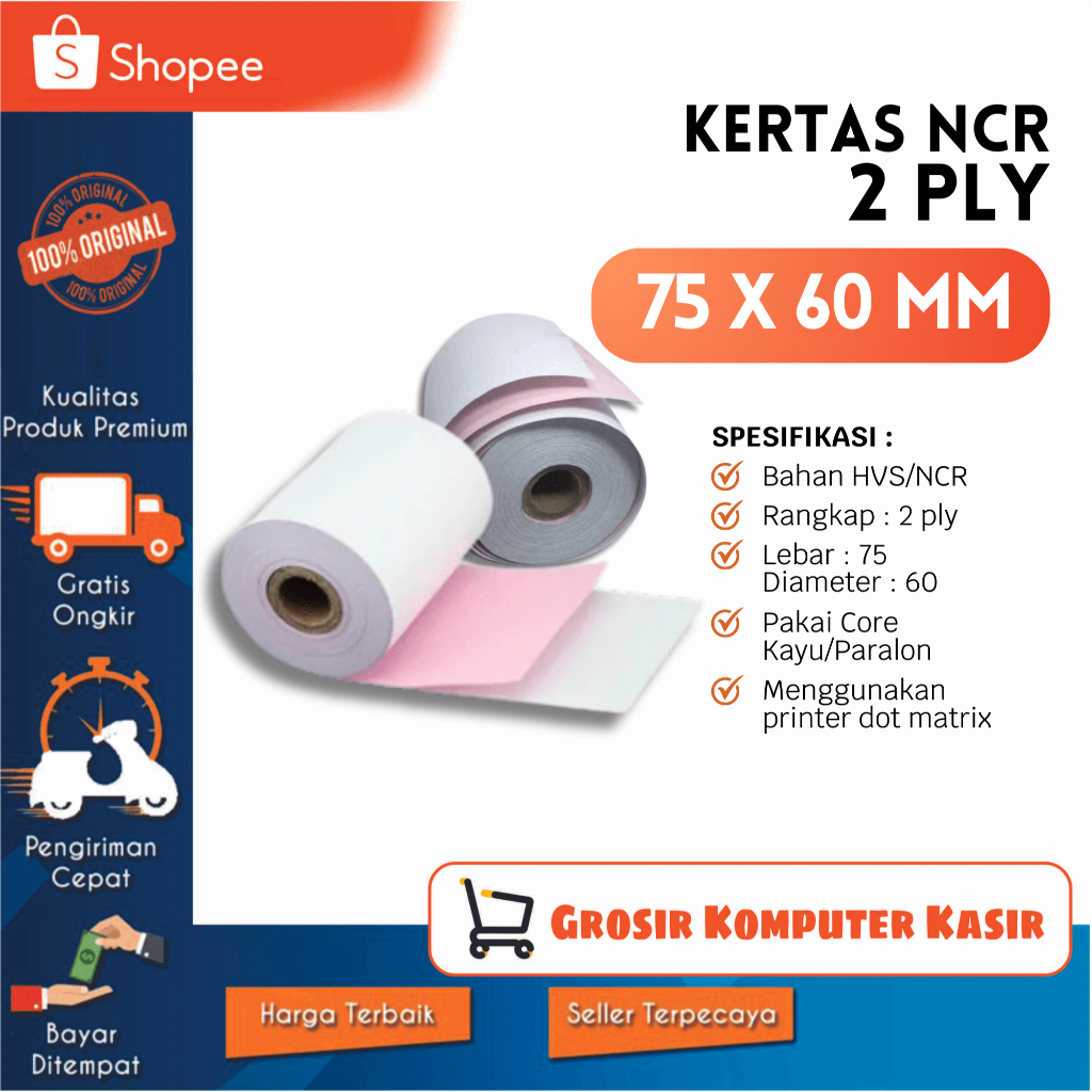 Jual Kertas NCR Ukuran 75x60 mm ( 2 Ply ) Struk Printer Dot Matrix ...