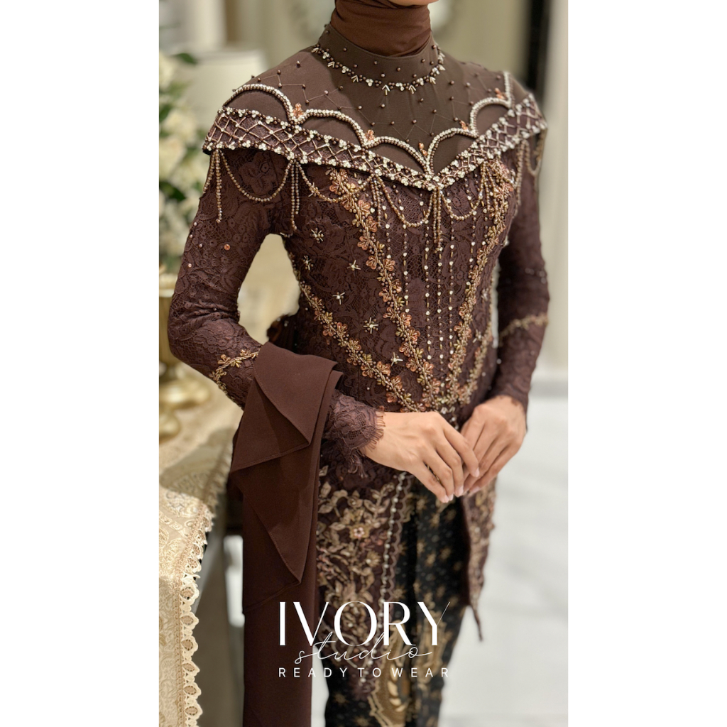 Jual Awani | Lush Flowery Off-Shoulder Kebaya with Chandelier Pendant ...