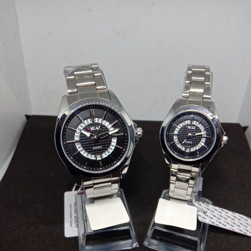 Jual Jam Tangan Viral (Pasangan) Model Bulat Tali rantai Warna Hitam ...