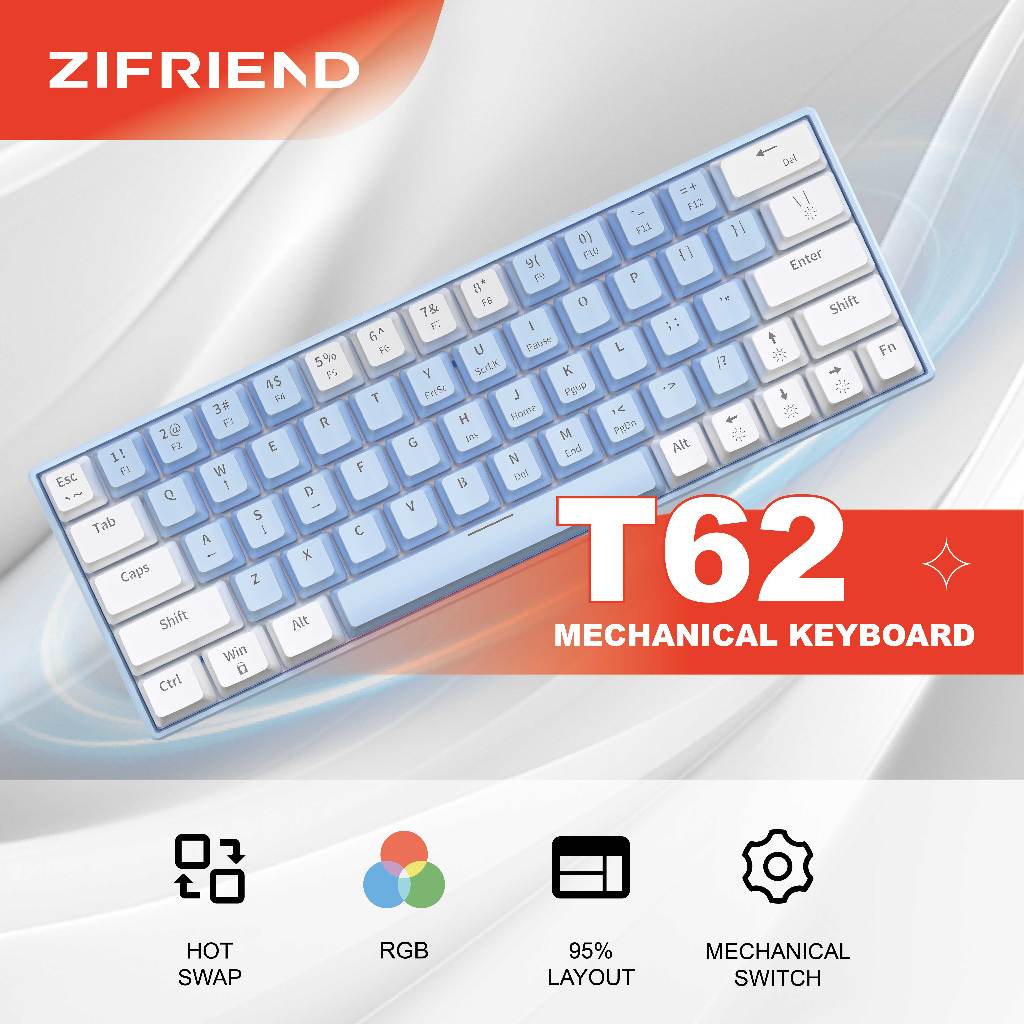 Jual ZIFRIEND T62 Mechanical Keyboard 62Keys Blue/Red Switch RGB Light Compact 60% Layout Wried ...