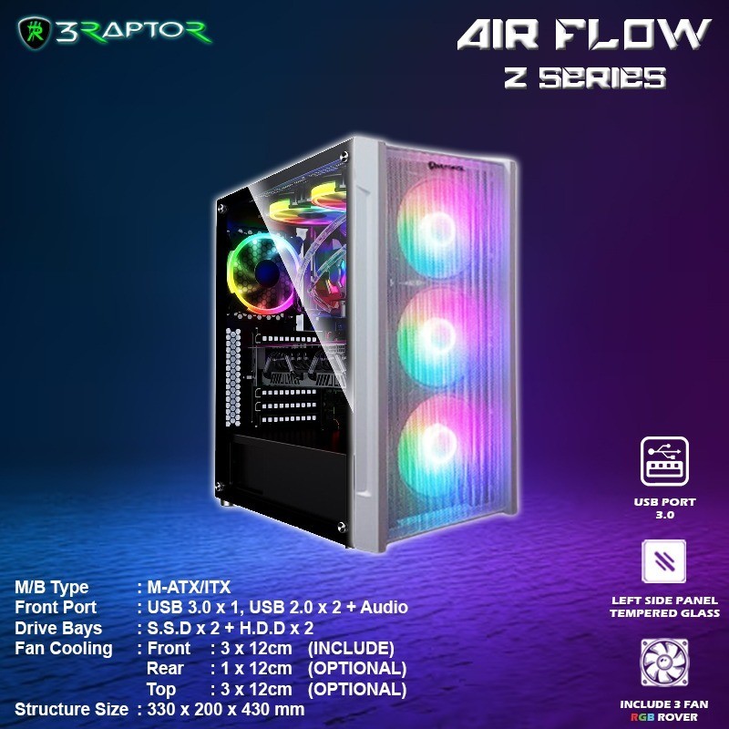 Jual CASING GAMING PC M-ATX RAPTOR AIR FLOW Z FREE 3 FAN RGB - PUTIH ...