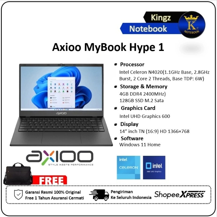 Jual Axioo MyBook Hype 1 Intel Celeron N4020 4GB SSD 128GB 14″ HD W11 ...