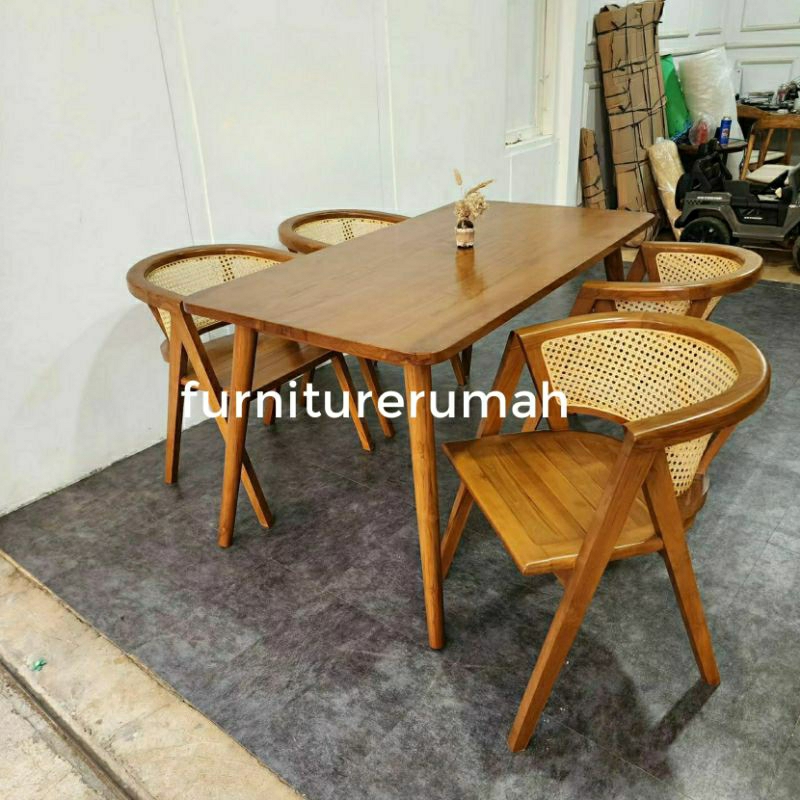 Jual meja makan 4 kursi rotan kayu jati minimalis, set meja makan kayu jati 4 kursi rotan ...