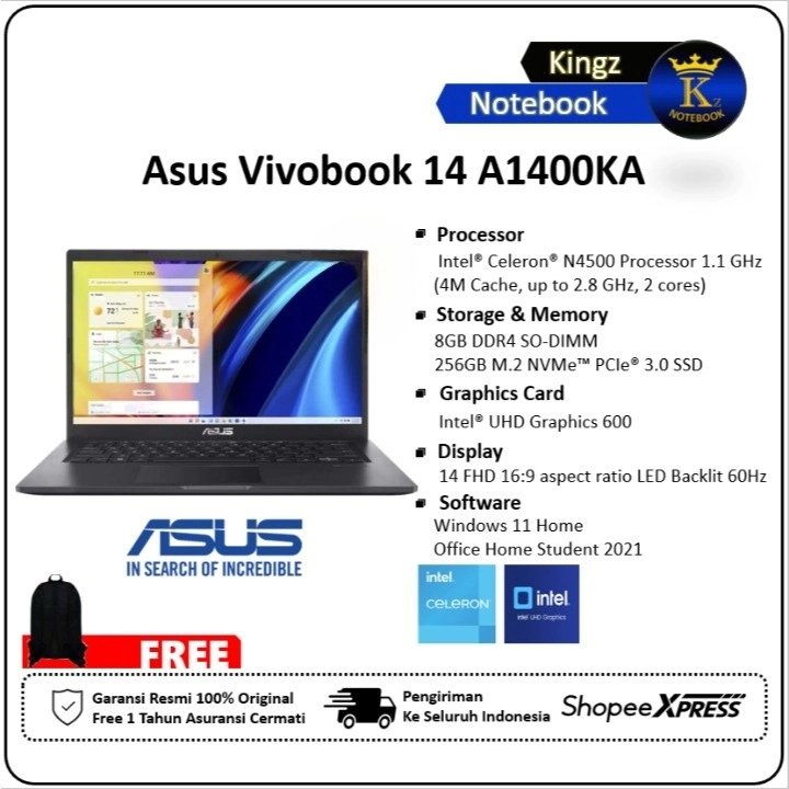Jual Asus Vivobook 14 A1400KA Celeron N4500 8GB 256GB Win11+OHS 14" FHD ...
