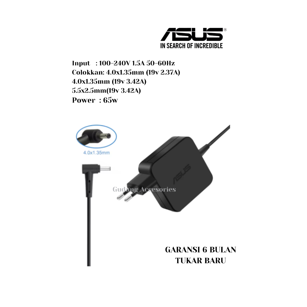 Jual ORIGINAL Adaptor charger laptop asus 19V 2.37A JACK KECIL 4.0mm x 1.35mm /Colokan kecil ...
