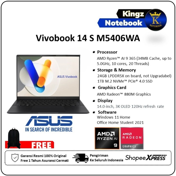 Jual Asus Vivobook S 14 OLED M5406WA Ryzen AI 9 365 24GB 1TB W11+OHS 14 ...