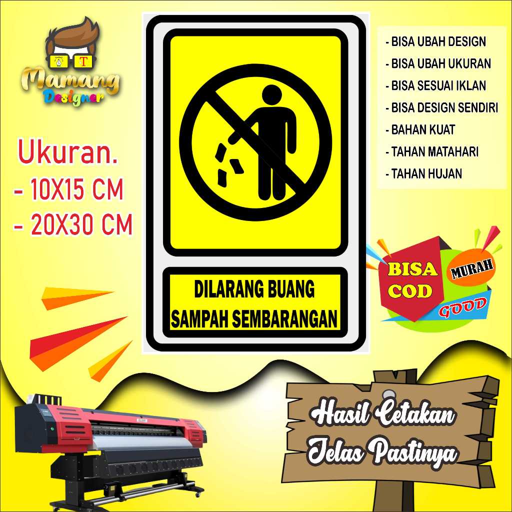 Jual Cetak Sticker Larangan Buang Sampah Keren Kuning | Shopee Indonesia