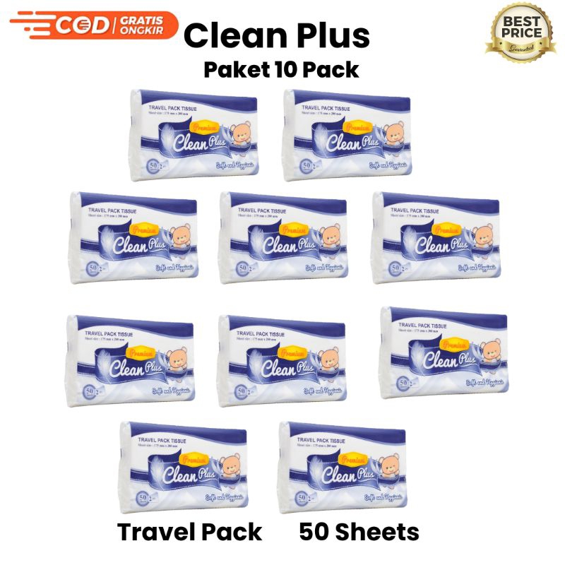 Jual [10 PACK] Tissue Clean Plus Travel Pack Isi 50 Sheets / 2 Ply ...