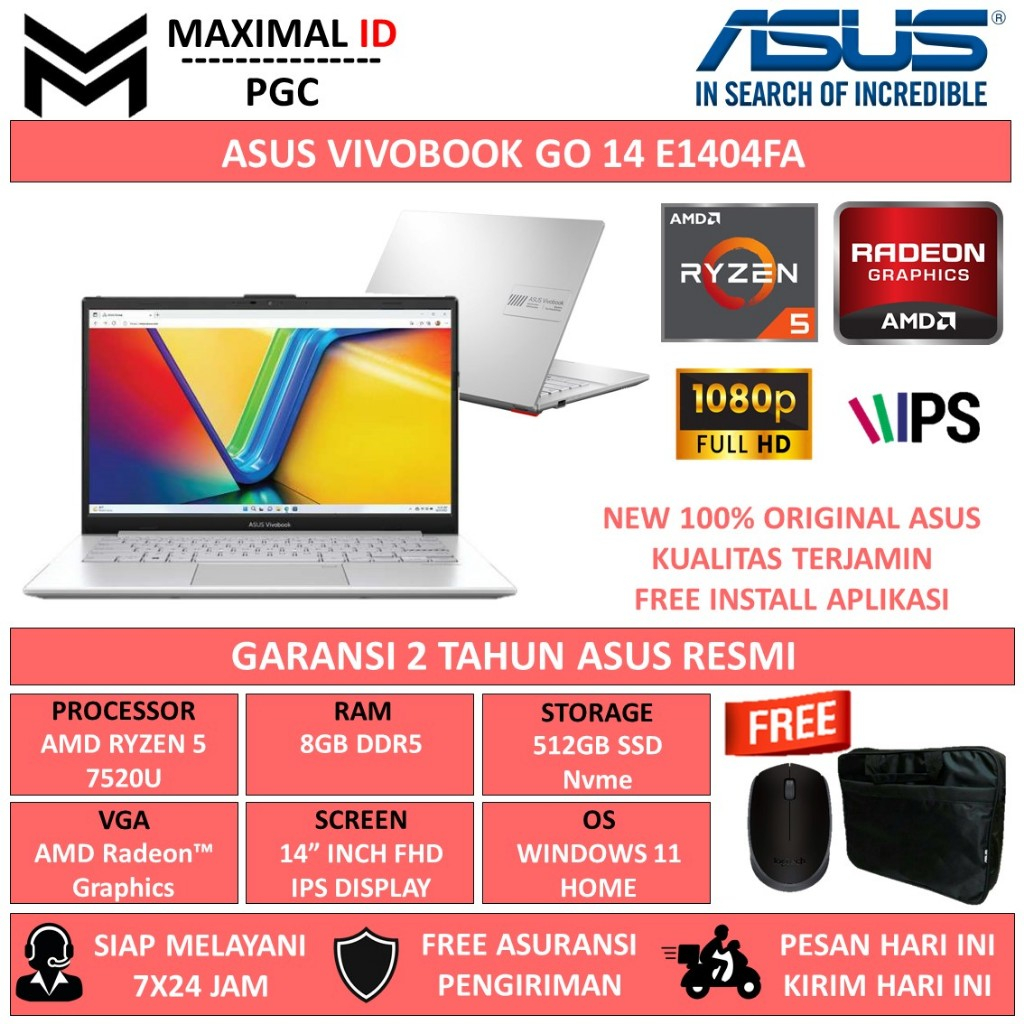 Jual Laptop Asus Vivobook Go 14 E1404FA AMD Ryzen 5 7520U RAM 8GB DDR5 ...