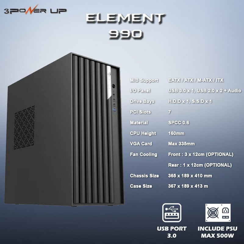 Jual Casing PC Office 3Power Up Element 990 + PSU MAX 500W | Shopee ...