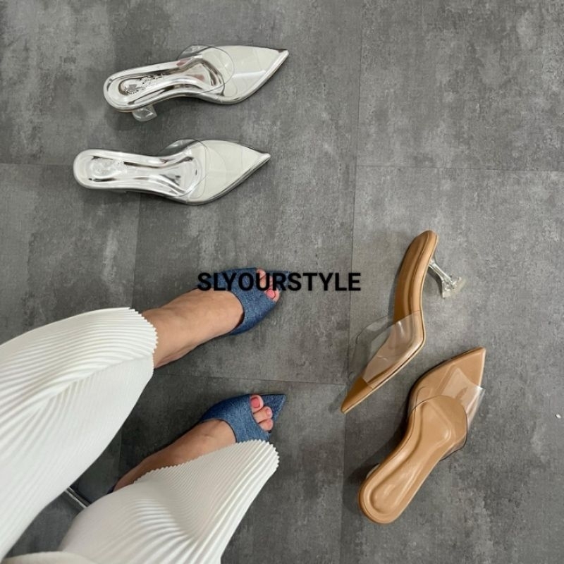 Jual Sandal wanita Heels Kaca Kerucut 7 cm Sintetis Mika Kokop Bening ...