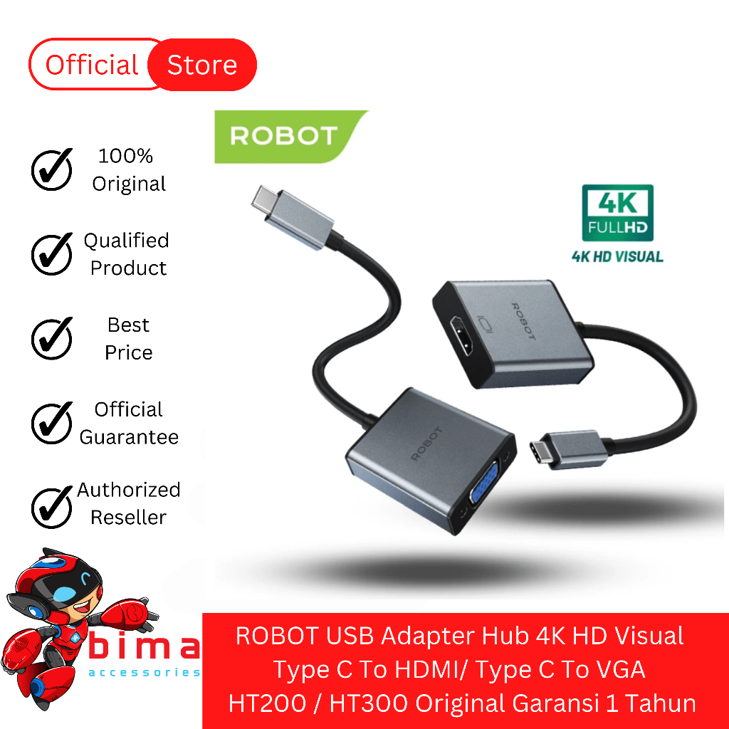Jual ROBOT USB Adapter Hub 4K HD Visual Type C To HDMI / Type C To VGA ...
