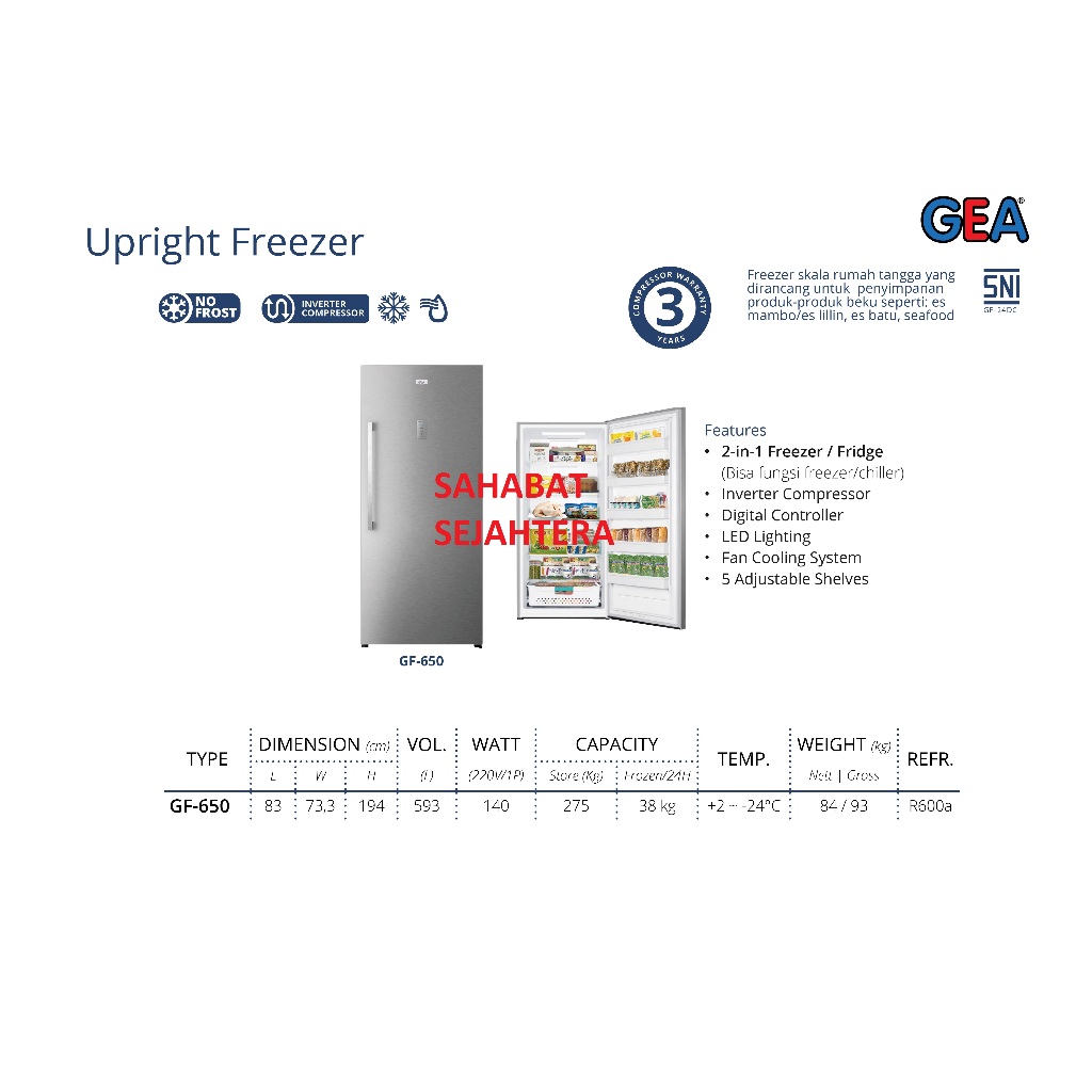 Jual GEA Upright Freezer GF-650 Kulkas Berdiri 1 Pintu | Shopee Indonesia