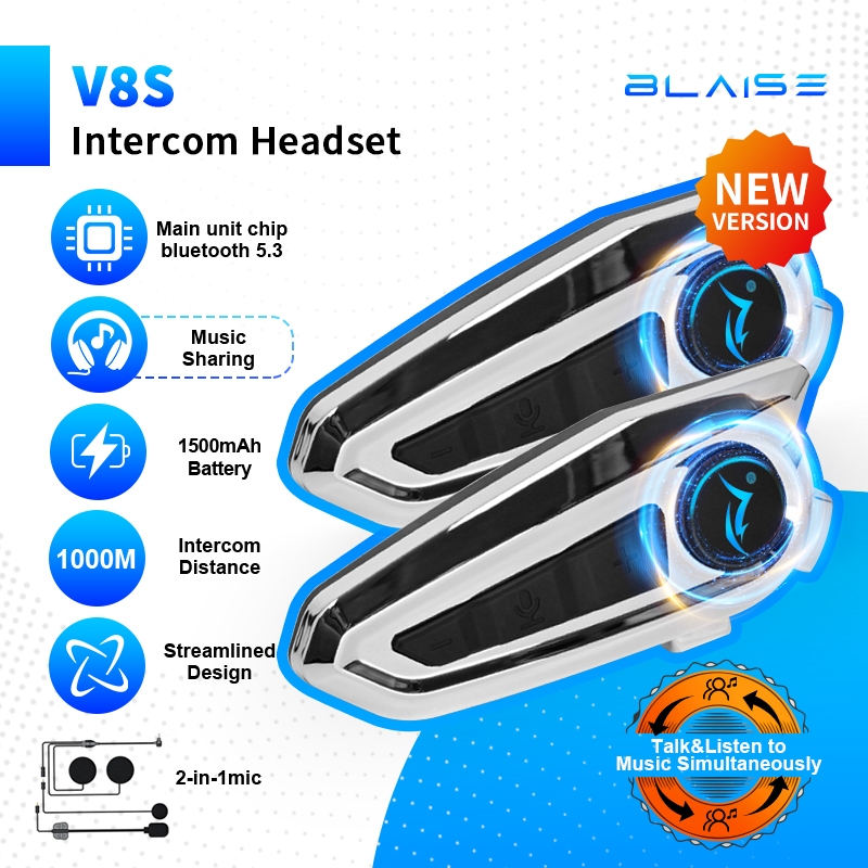 Jual Blaise V8S Intercom Helm Intercom 2 Orang Musik Share 2 in1 Mic ...