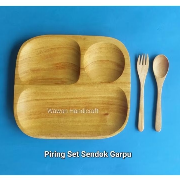 Jual piring kayu/piring makan anak/baby/piring karakter sekat 3 kotak ...