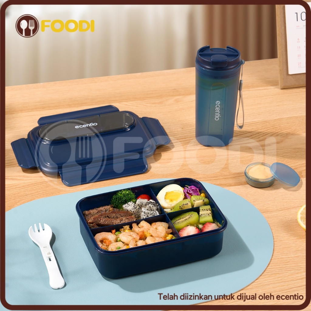 Jual ecentio & FOODI Kotak Bekal Makan Set 1200ml + 500ml sekat 4 dengan kotak saus&sendok BPA ...