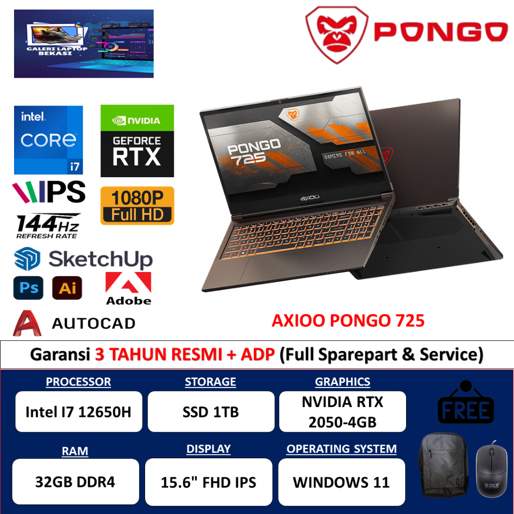 Jual Laptop Axioo Pongo 725 Intel i7 12650H 32GB 1TB SSD RTX2050 15.6 ...
