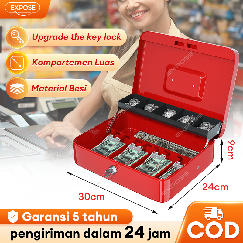 Jual Cash Box Portable Money Safety Box With Lock Black/Red Cash Box ...