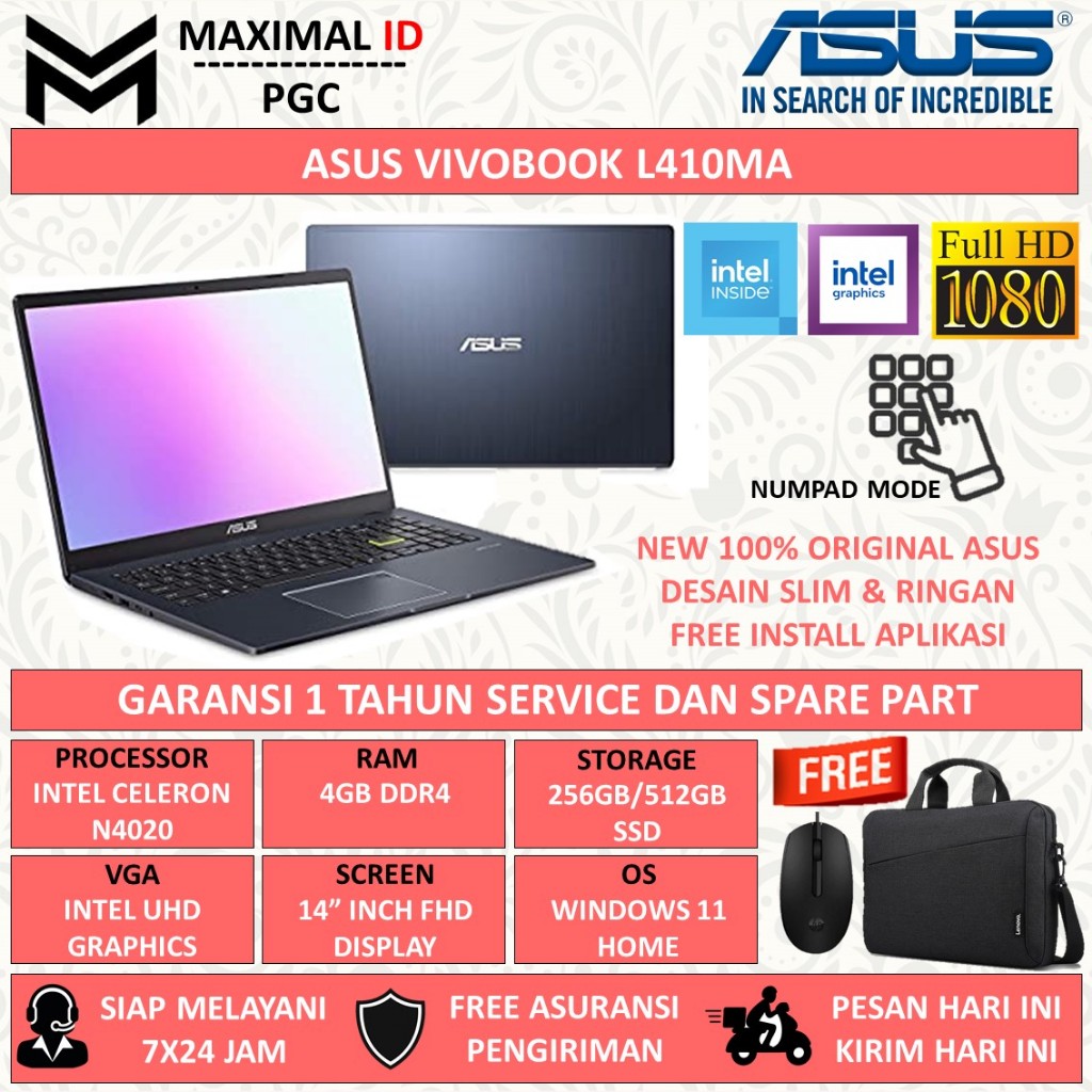 Jual PROMO LAPTOP ASUS VIVOBOOK L410MA INTEL N4020 RAM 4GB 512GB SSD ...