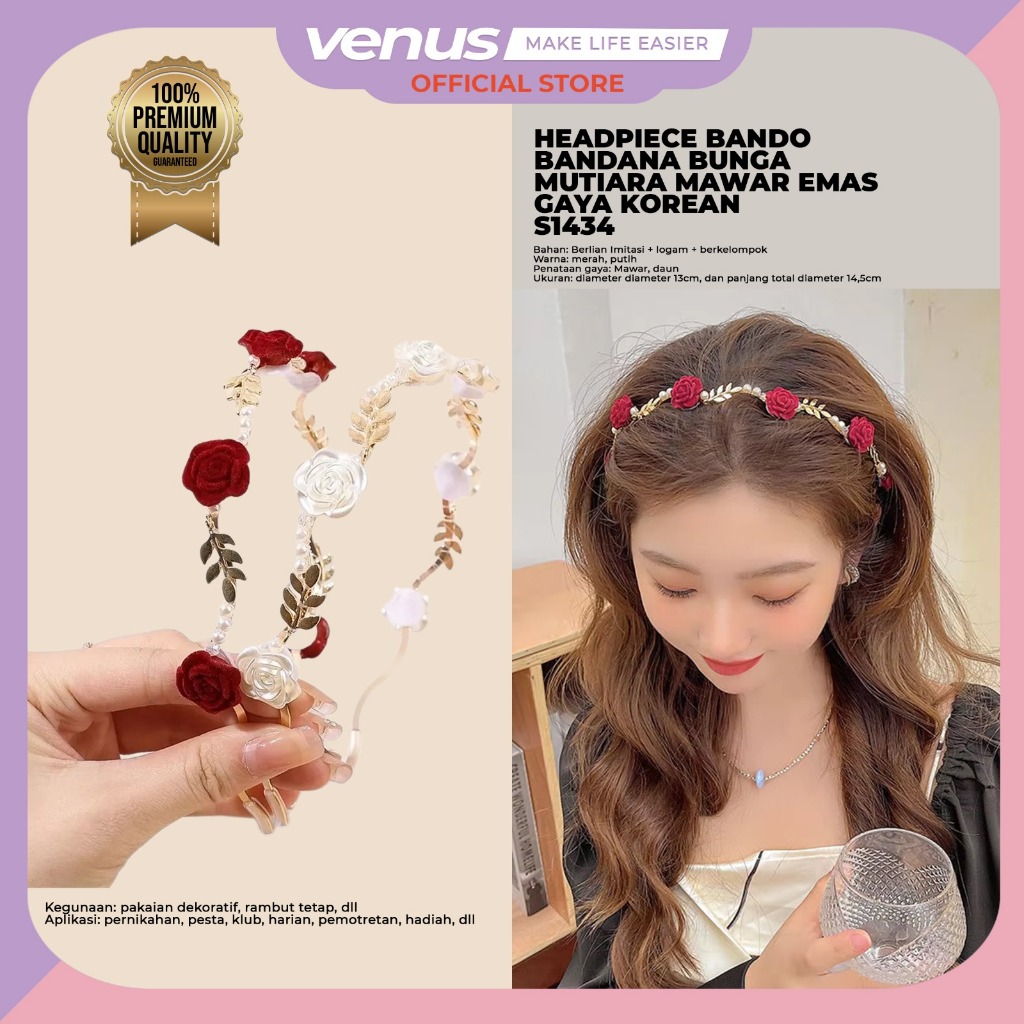 Jual Headpiece Bando Bandana Bunga Mutiara Mawar Emas Gaya Korean Bando ...