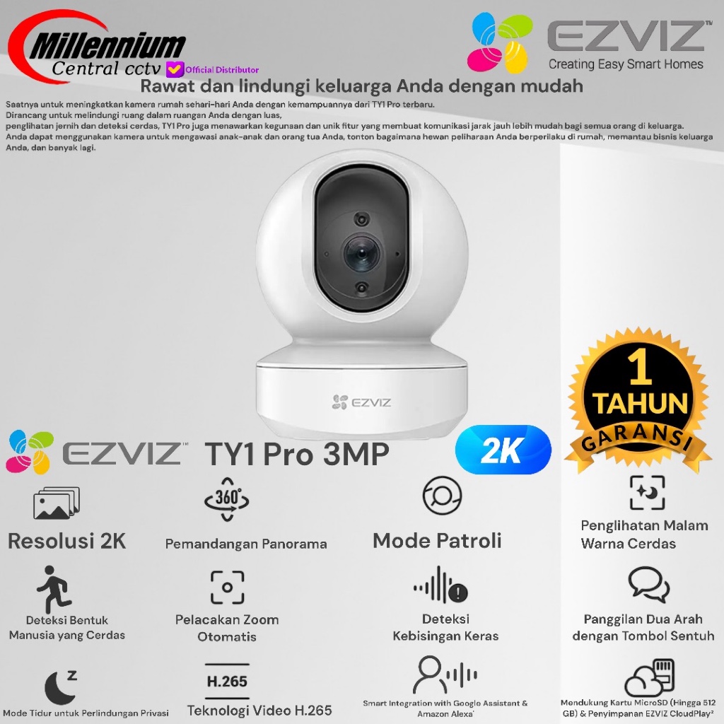 Jual Ezviz TY1 Pro 2K 3MP Smart Home Pan & Tilt WiFi IP Camera CCTV Indoor | Shopee Indonesia