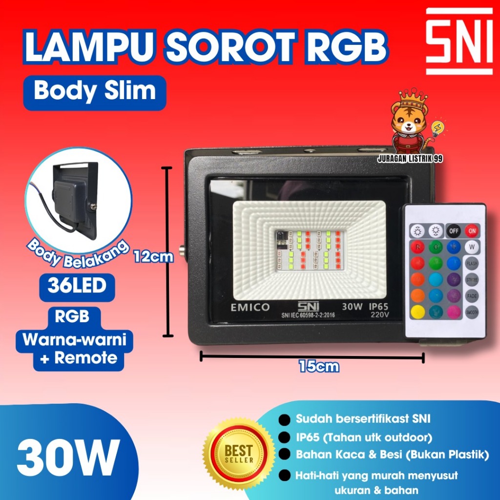 Jual Lampu LED Sorot 30W 30 WATT Flood Light Lampu Tembak RGB + Remote Warna Warni EMICO ...