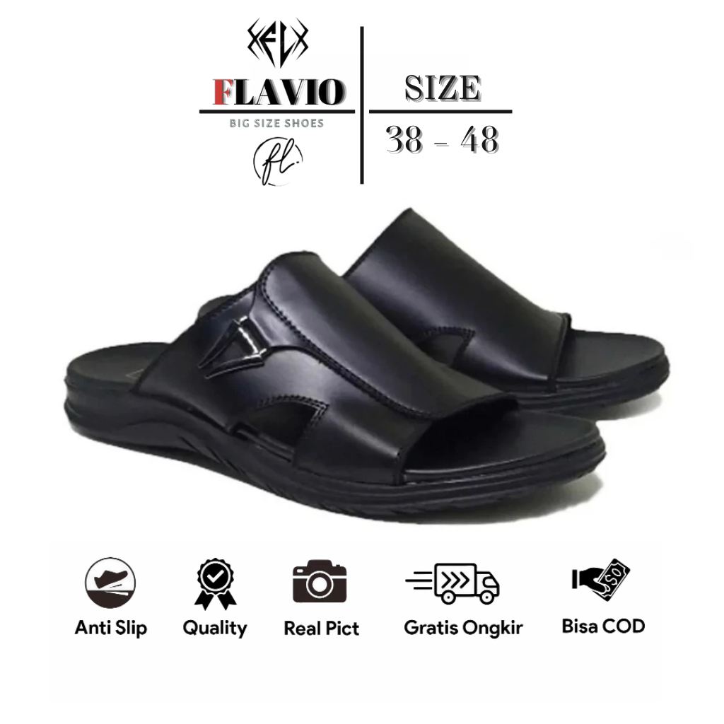 Jual Sandal Pria Slide Kulit Black.040 Ukuran Besar & Kecil 38-48 ...
