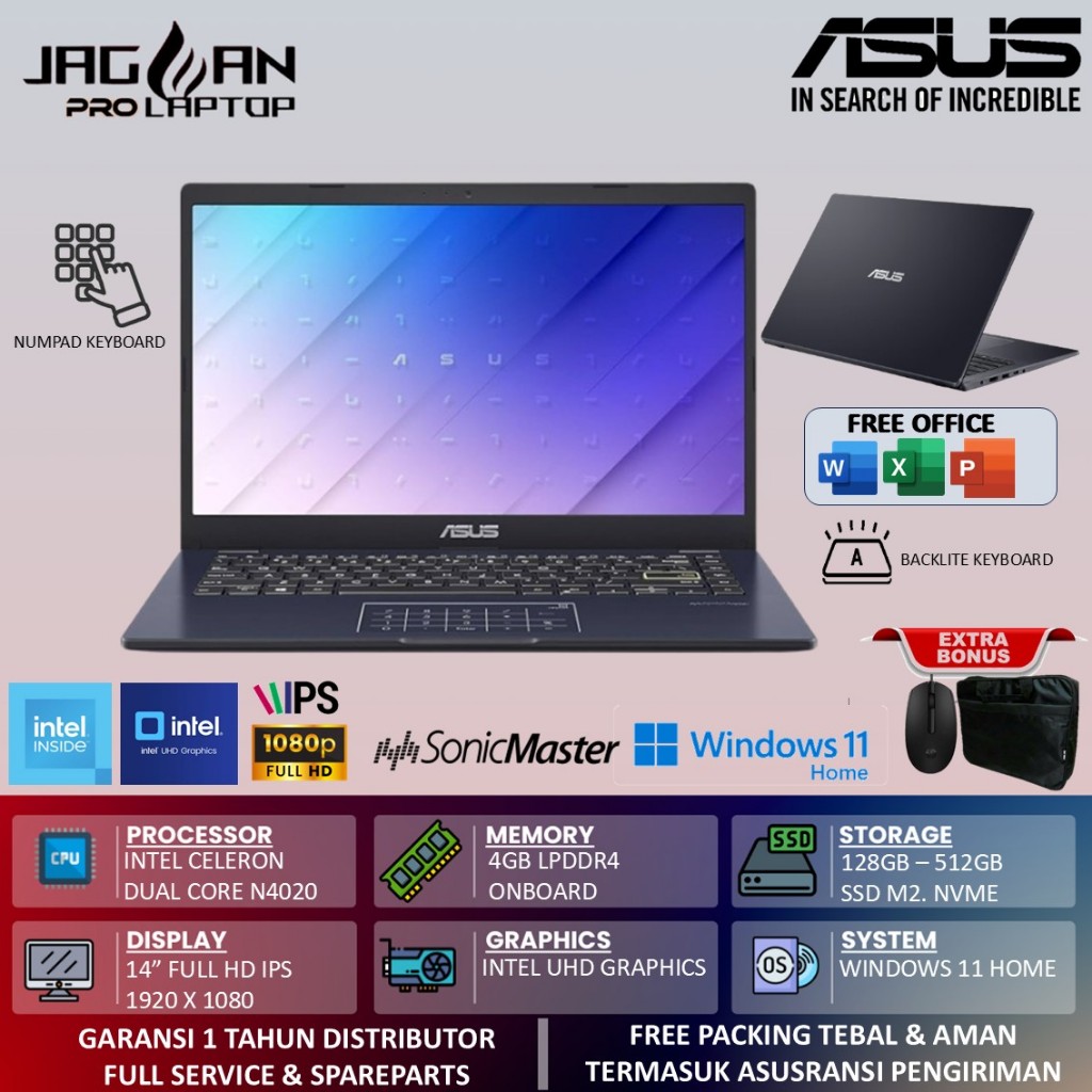 Jual Laptop Sekolah Asus Vivobook 14 L410MA Intel N4020 RAM 4GB 512GB ...
