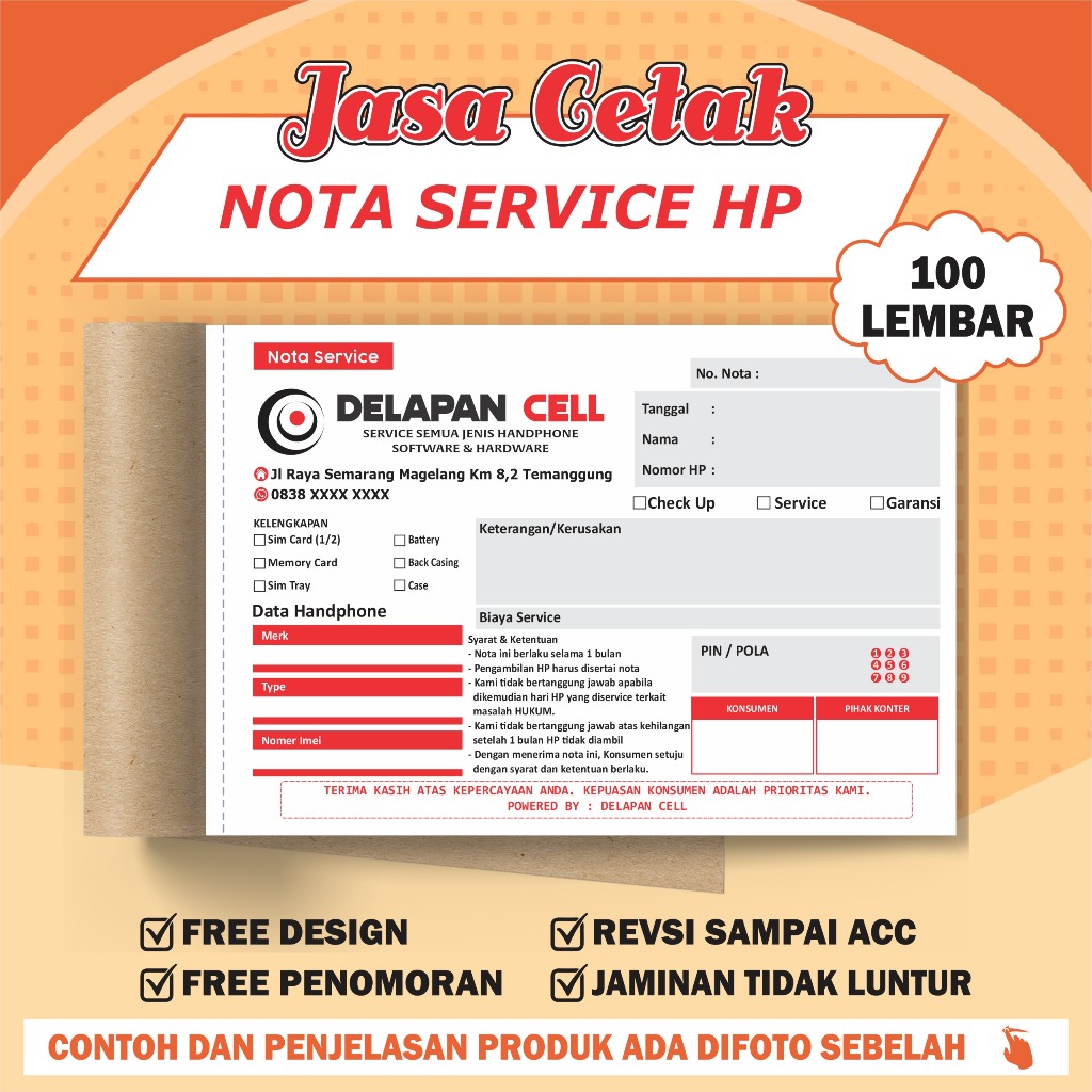 Jual Custom nota service HP 2 ply - isi 100 lembar - nota konter - nota ...