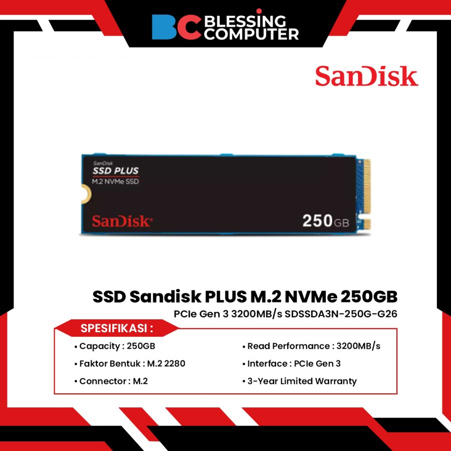 Jual SSD Sandisk PLUS M.2 NVMe 250GB PCIe Gen 3 2400MB/s SDSSDA3N-250G ...