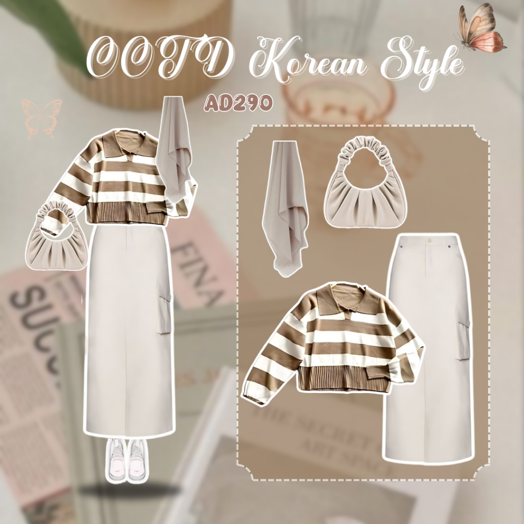 Jual 4in1 OOTD Korean Style Terkini Sweater Stripe + Rok Cargo + Hijab ...