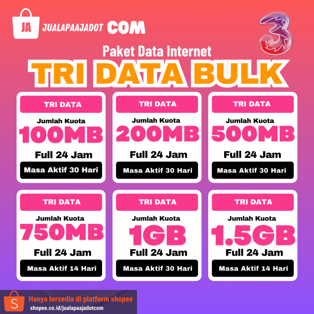Jual PAKET DATA TRI DATA BULK 100 MB-1.5 GB | Proses cepat 10 menit | Shopee Indonesia