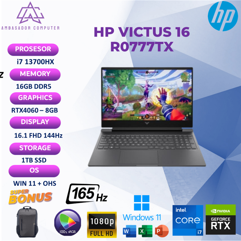 Jual HP Victus 16 R0777TX/R0888TX i7 13700HX RTX4060 8GB 16GB 1TB Full ...